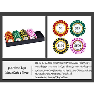 Deluxe 300 Poker Chips Set - Poker Set 300 Chips, Shock Resistant Case, 2 Tones Monte Carlo Poker Chips (14g Clay Poker Chips with Denominations, Casino Chips) 100% PVC Cards, Cut Cards, Blackjack Set