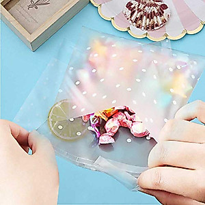 300PCS Clear Cellophane Bags Self-Adhesive Sealing Treat Bags 10x10cm Plastic Cookie Bags Party Favor Candy Bags White Polka Dot Treat Bags Soap Chocolates Cello Bags for Christmas Birthday Valentine…
