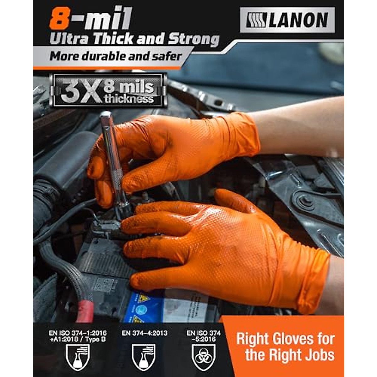 LANON 8mil Orange Disposable Nitrile Gloves, Mechanic, Heavy Duty, Food Safe, Latex Free, Powder Free, Fully-Diamond Textured, Large