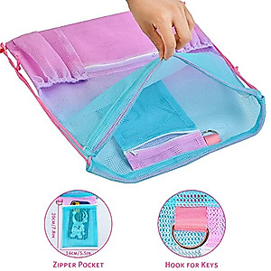 Nidoul Mesh Drawstring Bag with Zipper Pocket, Beach Bag for Swimming Gear Backpack Gym Storage Bag for Adult Kids (Pink Blue)