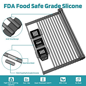 Roll Up Dish Drying Rack, Silicone Wrapped Over The Sink Multipurpose Foldable Dish Drainer Anti-Slip Dish Racks for Kitchen Counter, Sink Drying Rack Cover with Utensil Holder (Black, 17.3" x 17.6")