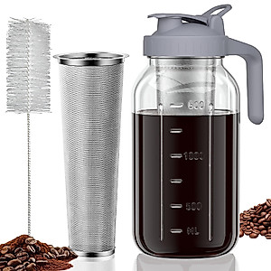 Cold Brew Coffee Maker Jar - 64oz Thick Glass Multipurpose Mason Pitcher Spout Lid with Handle & Stainless Steel Filter for Iced Brew Coffee, Lemonade, Ice Tea, Homemade Fruit Drinks Container