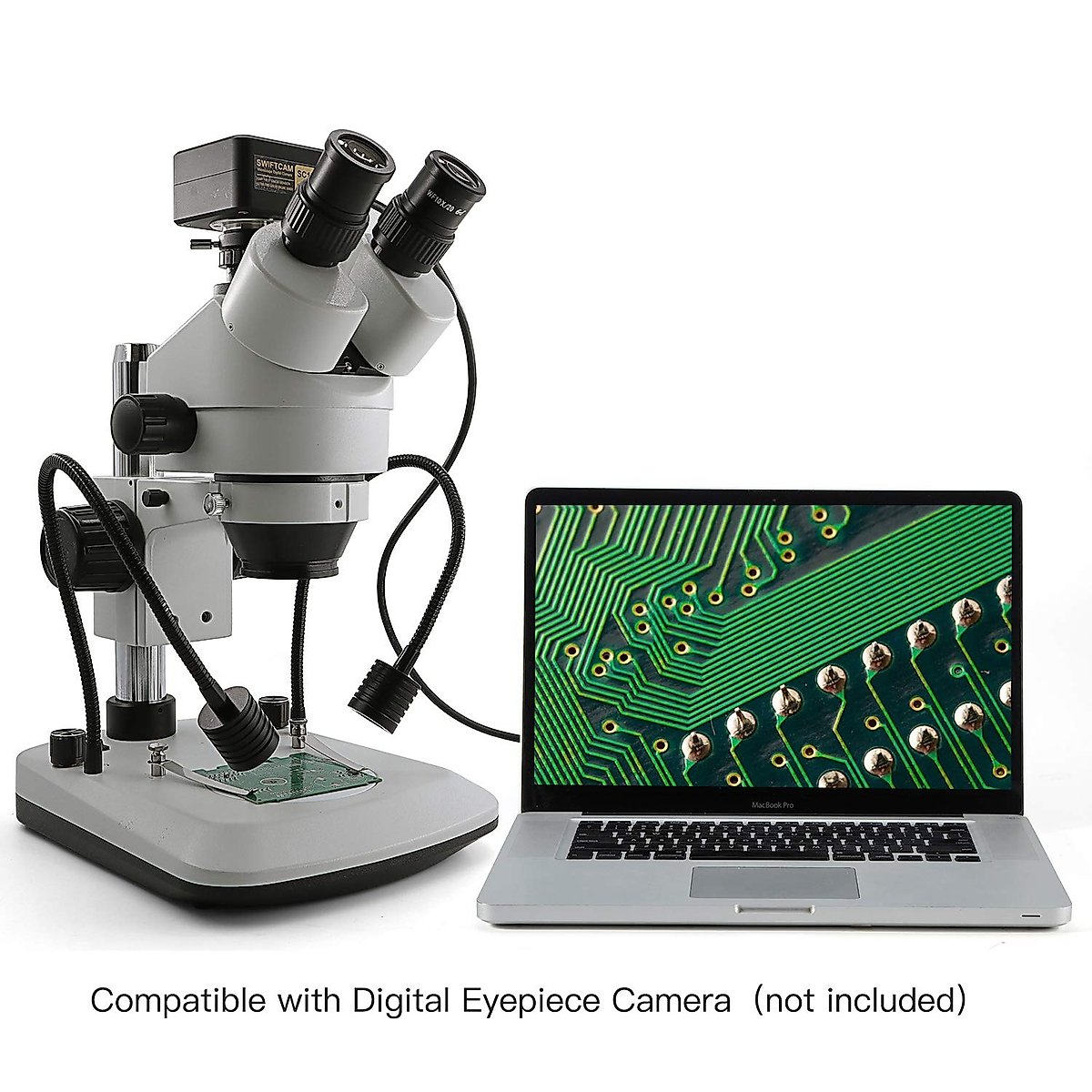 Swift S7-TGL-CA05 Trinocular Stereo Microscope, 7X-45X Zoom, WF10X Eyepieces, Gooseneck & Transmitted LED Lights, Pillar Stand, 110V