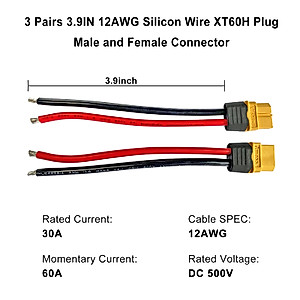 3Pairs XT60H/XT60 Plug Male Female Connector with Sheath Housing 3Pairs（6pcs） 12AWG 10cm xt60h Extension Cable
