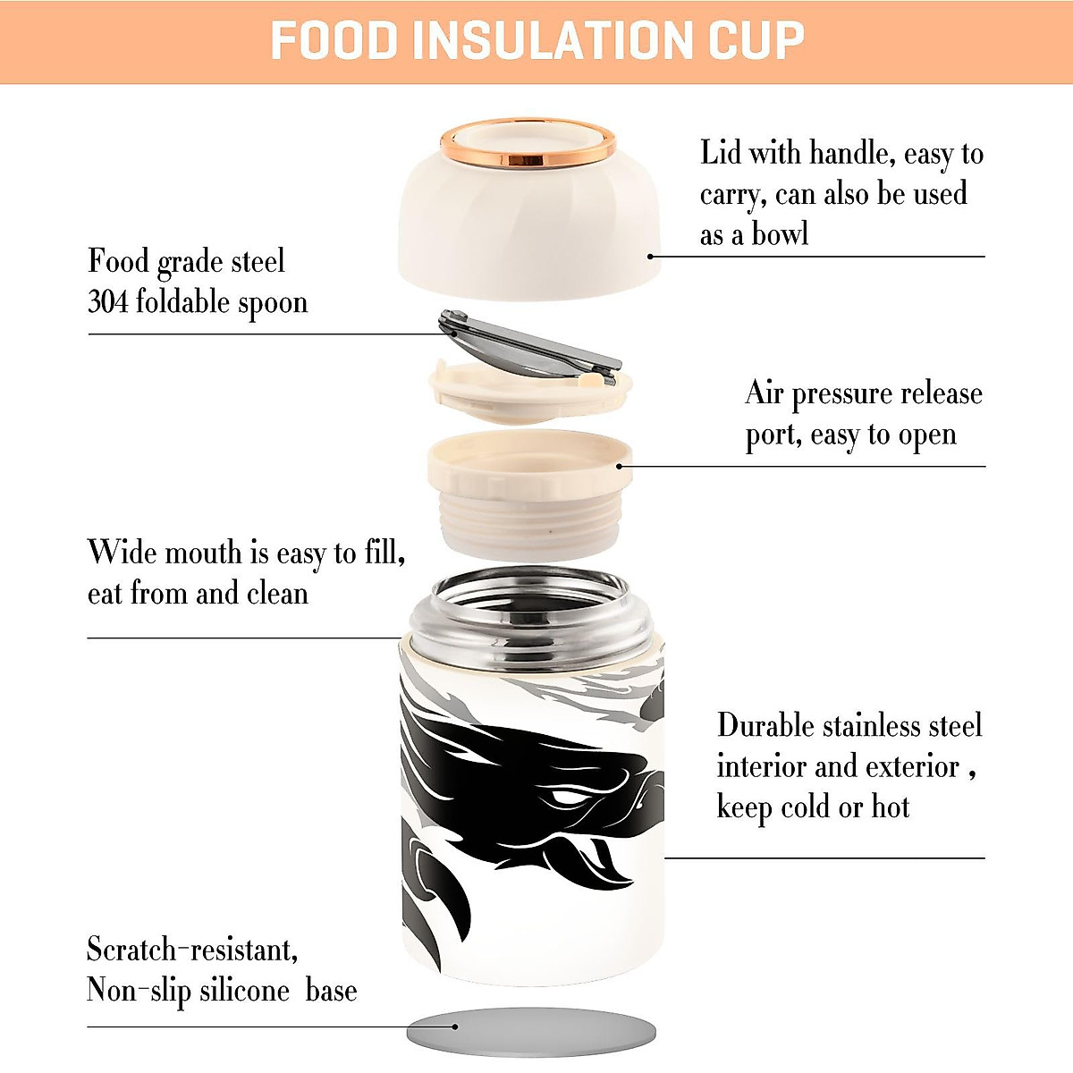 CUPADA Claw Rip Food Jar for Hot and Cold, Paw Stratching Insulated Food Jars Vacuum 17OZ with Folding Spoon for Work Trip Picnic Camping