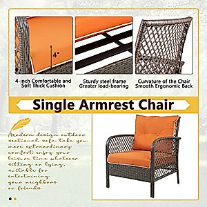 PHIKOOVA 6-Piece Wicker Patio Conversation Furniture Sets w/ 4 Pillows, Orange Outdoor Patio Furniture Set w/Table, All Weather PE Rattan Porch Outdoor Chairs, Brown Wicker/Orange Cushions