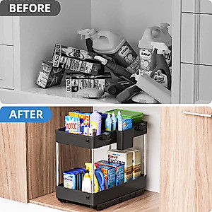 G-TING Under Sink Organizer, 2-Tier Under Sliding Cabinet Basket Organizer with Hooks, Hanging Cup, Dividers, Multifunctional Pull Out Cabinet Organizer for Kitchen, Bathroom(Black)