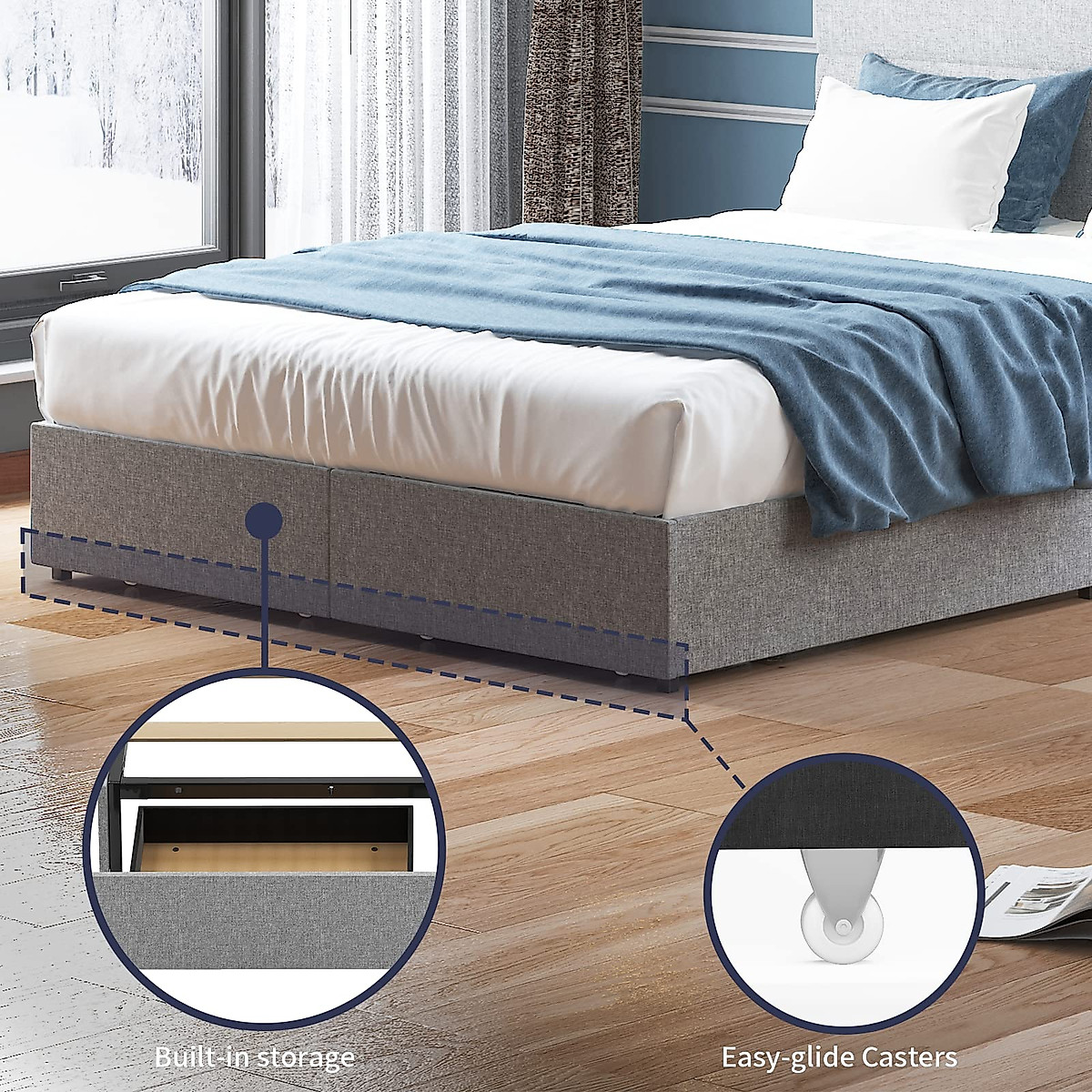 ZAFLY Platform California King Size Bed Frame with Linen Adjustable Headboard,Cal King Bed Frame with 2 Storage Drawers,Wooden Slats Support,No Box Spring Needed,Easy Assembly,Light Grey