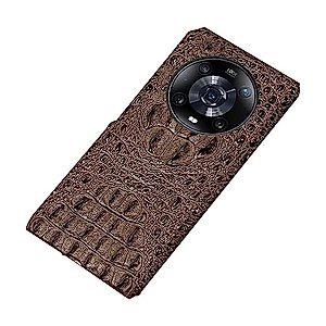 qichenlu 3D Crocodile Head Pattern Saddle Brown Genuine Leather Case Designed for HONOR Magic4 Pro, Business Alligator Texture Real Cowhide Hard Back Cover Shell with Soft Microfiber Lining