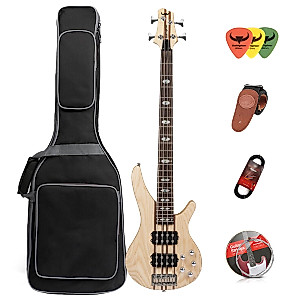 Bullfighter 4 String Electric Bass Guitar, Full Size Standard Right Handed Rosewood Fretboard Bass Kit with Gig Bag Strap Cable (wood)