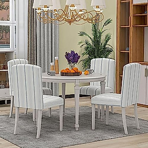 Dinehome Kitchen 5-Piece Solid Wood Round Table Set with 4 Upholstered Chairs, Striped Fabric, for Dining Room, White