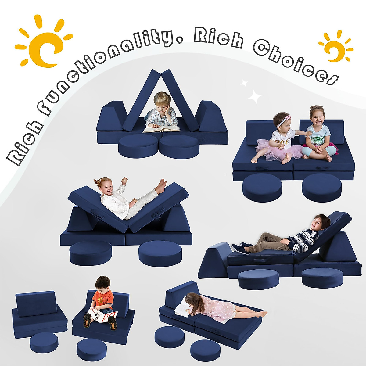 MeMoreCool Modular Kids Couch for Playroom, Navy Foam Play Couch for Toddlers, Building Fort Explorer Sofa
