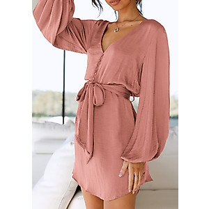 PRETTYGARDEN Women's Spring Long Puff Sleeve Satin Dress V Neck Cocktail Party Belted Short Formal Dresses (Dusty Pink,Medium)