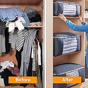 3 Pack Large Capacity Foldable Clothes Storage Bags, Storage Bins Closet Organizers with Clear Window, Sturdy Zipper, Reinforced Handle, Thick Fabric for Clothing, Comforters, Blankets, ( 90L , Grey)