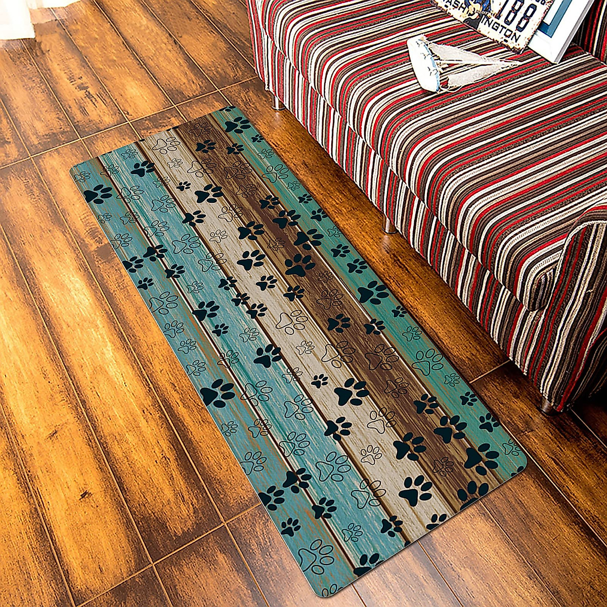 Teal Turquoise Antifatigue Kitchen Bath Door Mat Cushioned Runner Rug,Washable Welcome Floor Sink Mat,Paws Blue Farmhouse Wood Grain Waterproof & Non-Slip Comfort Standing Doormat for Kitchen,18"x30"