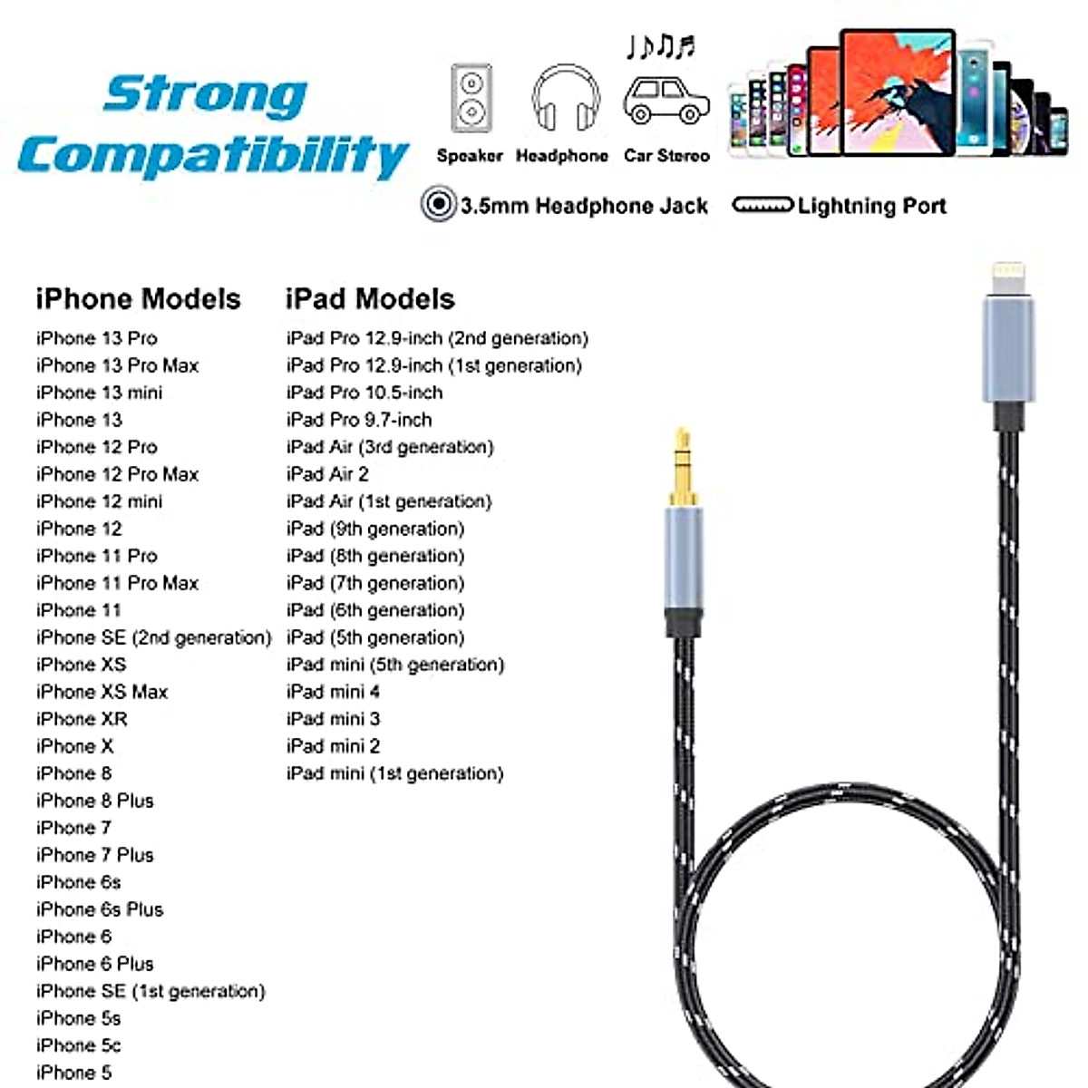 WORLDBOYU Lightning to 3.5mm Audio Cable iPhone Headphones Jack Lightning Aux Cord Compatible with iPhone 14 13 12 11 XS X 8 7 6 iPad iPod for Car Home Stereo, Speaker, Headphone(3.3FT), black