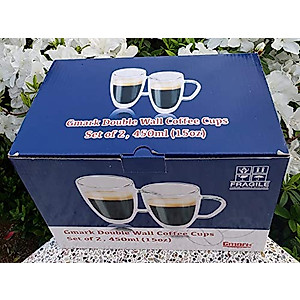 Gmark Large Coffee Mugs Set of 2 (15 oz), Double Wall Tumbler Glass Cup, Insulated Coffee Cups for Tea, Latte, Espresso, Juice, or Water GM2030