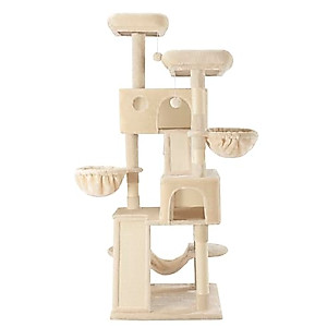 SHA CERLIN 65in Larger Cat Tree Tower Condo for Indoor Cats, Multi-Level Furniture Activity Center with Wide Base/Cozy Plush Cat Perches/Baskets/Sisal Scratching Posts and Hammock/Beige