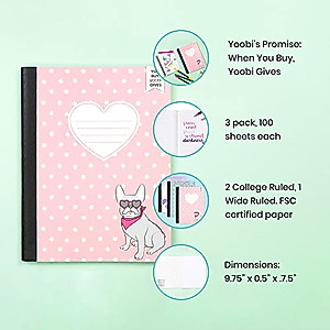 Yoobi Composition Notebook Set - 3 Pack of Composition Notebooks, 100 Sheets Each, Kids Notebooks College Ruled - Rainbow, Frenchie Polka Dot, Pando Unicorn Notebooks - 7.5" x 9.75", 3 Pack