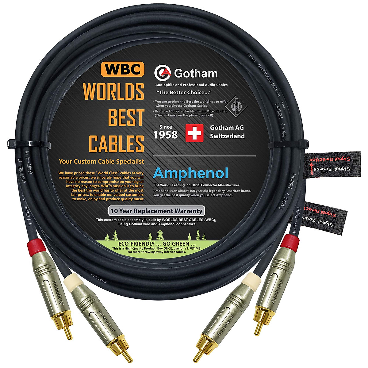 50 Foot RCA Cable Pair - Gotham GAC-4/1 (Black) Star-Quad Audio Interconnect Cable with Amphenol ACPR Die-Cast, Gold Plated RCA Connectors - Directional