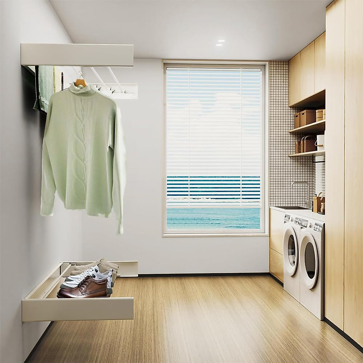 Dontinhu Laundry Drying Racks 2 Pack Collapsible, Wall Mounted Retractable Clothes Drying Rack, 45lbs Capacity, 8 Linear Ft,4 Metal Rods, with Wall Template (White2-23.6").