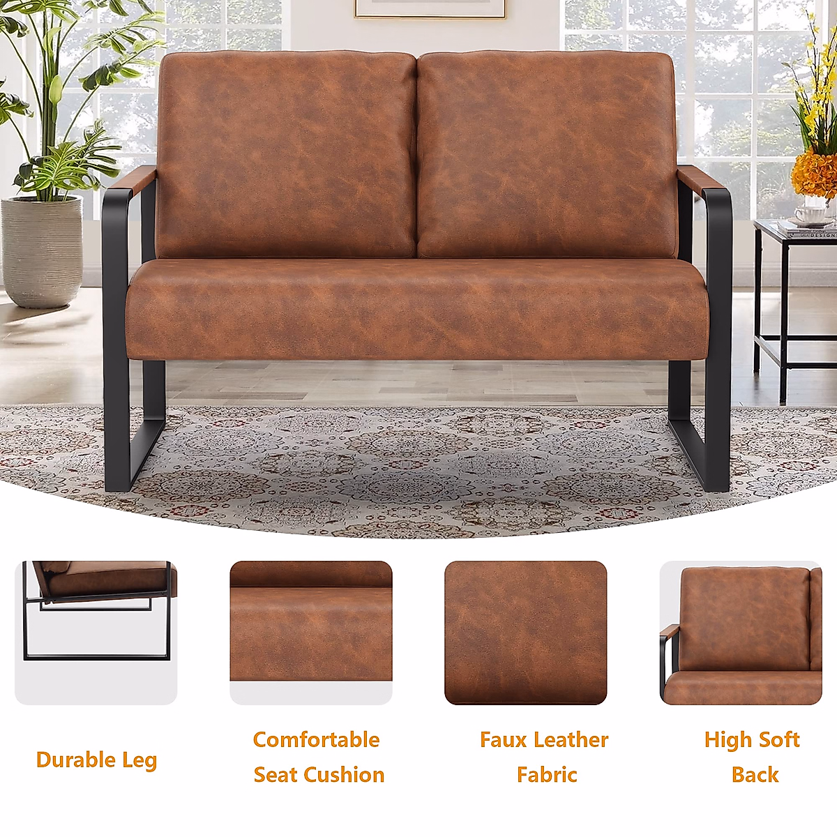 POINTANT Love Seat Mini Couch Small Settee Loveseat Bench for Living Room, Faux Leather Loveseat Sofa Small Sofa Couches for Small Spaces with Padded Cushion, Mid Century Modern Dark Brown Love Seats