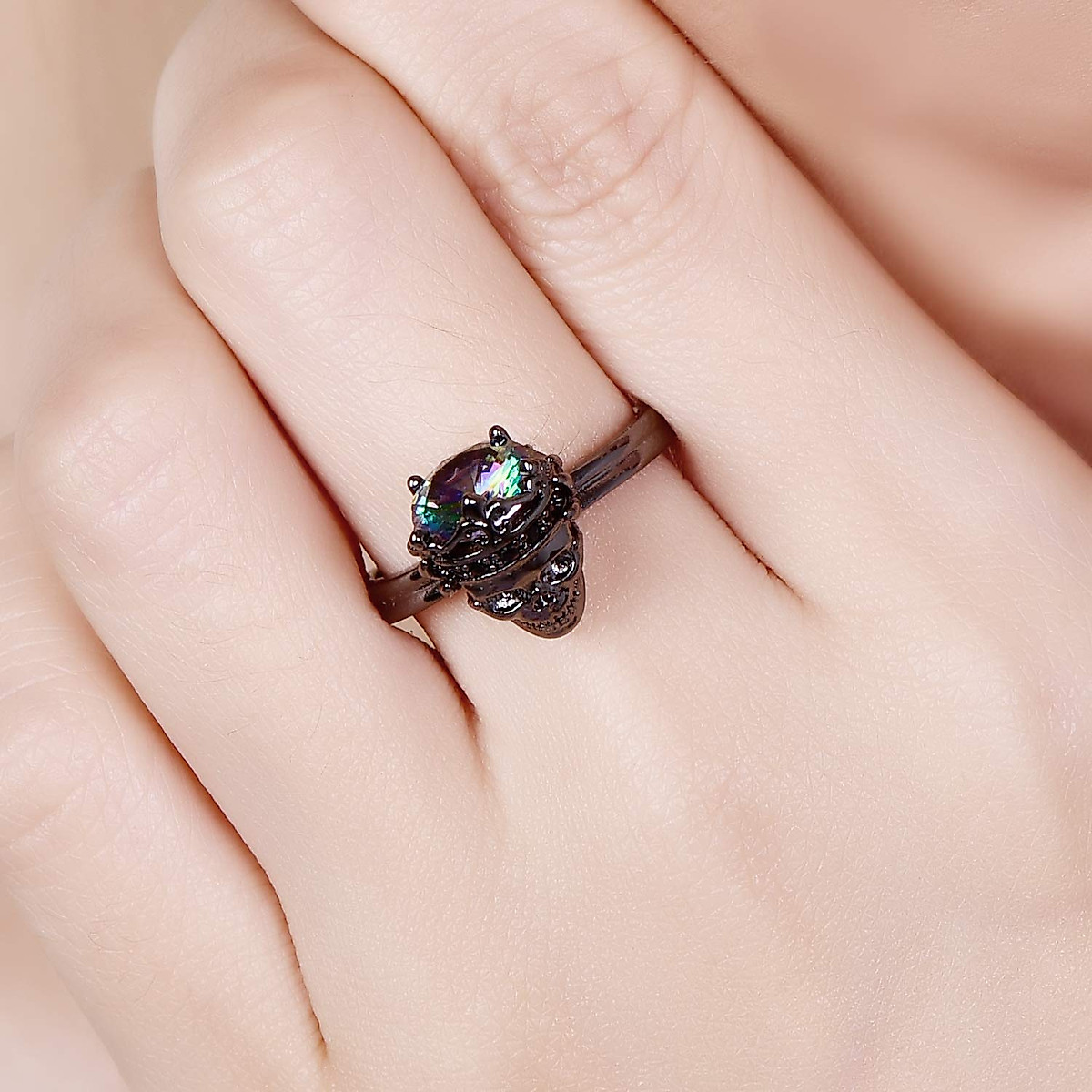 Narica Black Gold Plated Women's Antique Gothic Skull Ring Retro Oxidized Finished Round Cut Created Rainbow Topaz CZ Cubic Zirconia Filled Vintage Band Halloween 6#