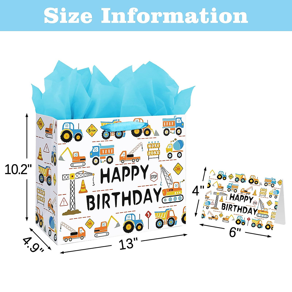 13" Large Happy Birthday Gift Bag for Baby Boy Kids with Tissue Paper and Card (Construction Vehicle)