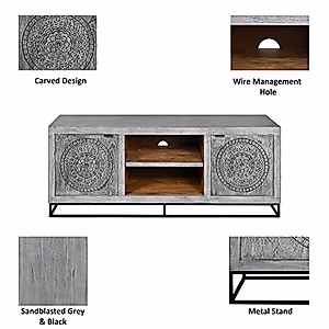 The Urban Port 63-Inch Handcrafted TV Media Entertainment Console, 2 Medallion Engraved Doors, Sandblasted Gray Mango Wood, Black Iron Stand
