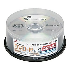 SKILCRAFT 7045-01-599-2658 Encrypted DVD-R on Spindle, 4.7GB Capacity, Silver (Pack of 25)