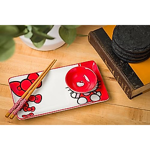 Silver Buffalo Sanrio Hello Kitty Red and White Bow Ceramic Sushi Set with Dipping Sauce Dish and Matching Chopsticks