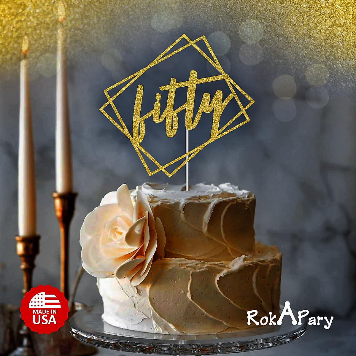 Fifty Cake Topper Gold Glitter, Modern Design 50 Birthday, Days, Months, Anniversary Party Decoration Ideas, Premium Quality, Sturdy Doubled Sided Glitter, Acrylic Stick. Made in USA