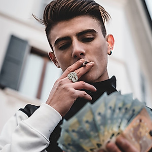 Sanfenly Iced Out Rings for Men Bling Fake Diamond Costume Pinky Rings Chunky Silver 80s 90s Hip Hop Rings Star Cuban Chain Square US Dollar Sign Cool Rapper Ring Fashion Cosplay Man Jewelry Ring Set