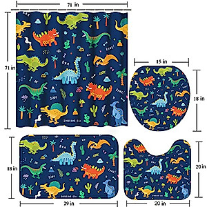 Poedist 4 Pcs Bathroom Shower Curtain Set,Kid's Bathroom Set,Shower Curtain Sets with Rugs(Bath Mat,U Shape and Toilet Lid Cover Mat) and 12 Hooks,Dark Blue Cartoon Dinosaur