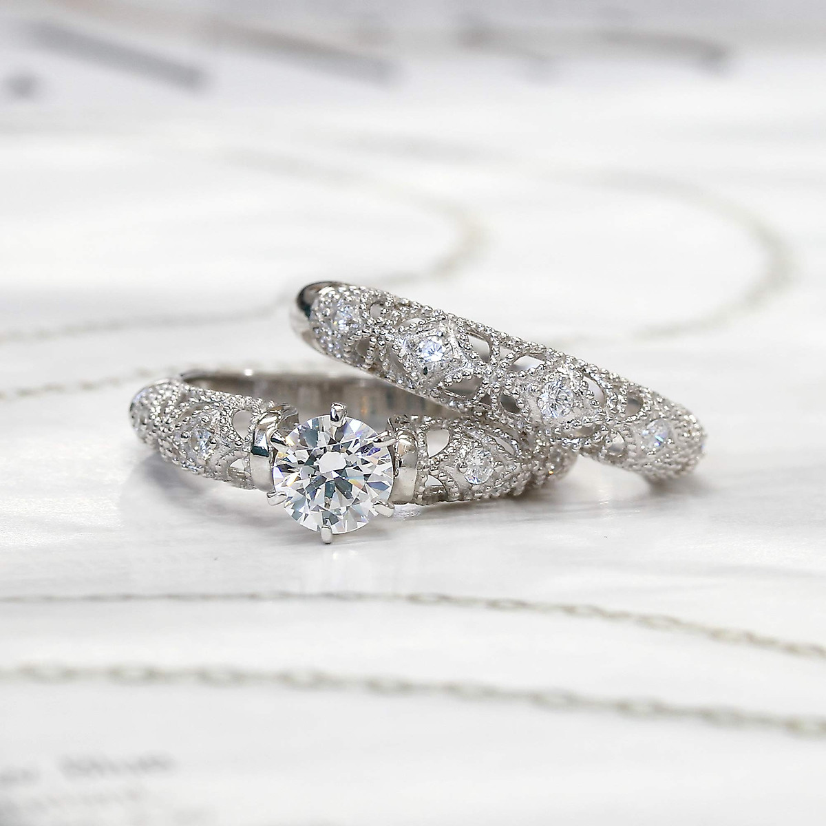 925 Sterling Silver Wedding Ring Set, 0.7 Carat Round CZ Stone Engagement Ring 2pcs Milgrain Filigree Vintage Bridal Set (Size 5 to 10), 8