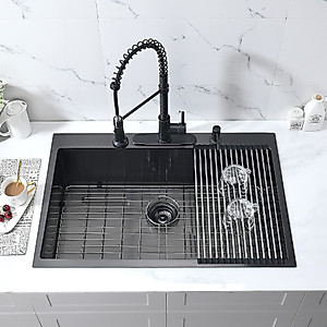 33 Inch Black Kitchen Sink Drop In-Bokaiya 33x22 Black Stainless Steel Drop In Kitchen Sink Topmount 16 Gauge Deep Matte Black Single Bowl Kitchen Sink with Dish Grid & Roll Up Rack