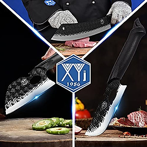 XYJ Authentic Since 1986,6pcs Cooking Slice Knives Set,Camping Chef Knife With Sheath Holder,Honing Steel,Whetstone,Cake Knife,Roll Bag Kitchen Vegetable Knives,Full Tang,High Carbon Steel (Black)