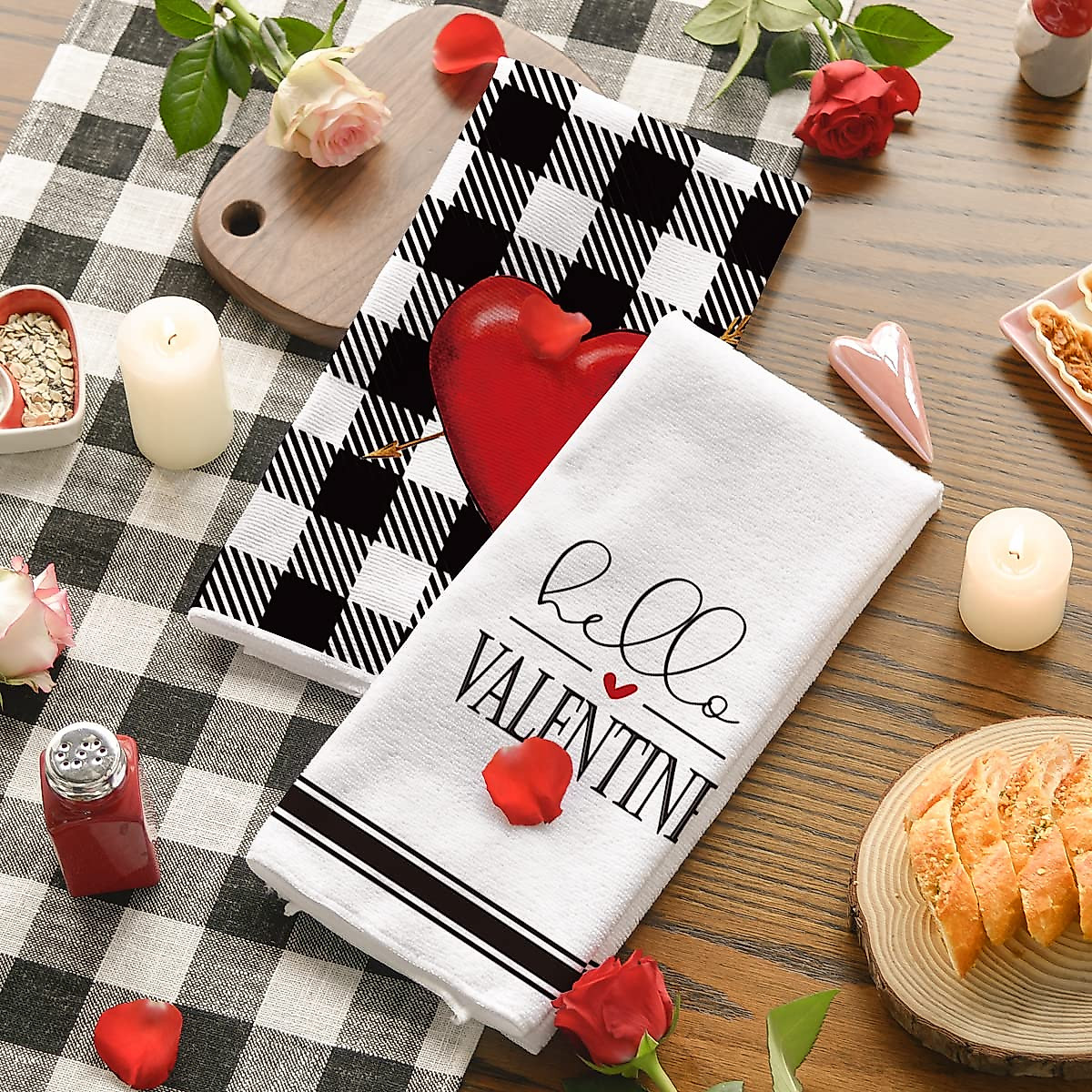 Artoid Mode Buffalo Plaid Arrow Heart Love You More Love You Most Valentine's Day Home Kitchen Towels, 18 x 26 Inch Holiday Ultra Absorbent Drying Cloth Dish Towels for Cooking Baking Set of 2