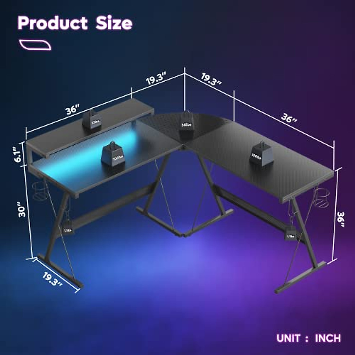 Bestier LED Gaming Desk 55" L Shaped Computer Corner Desk with 2 Cup Holders 2 Headset Hooks 36" Large Monitor Shelf Home Office Desk Bedroom Reversible 72" Long Desk for 2 Persons, Black