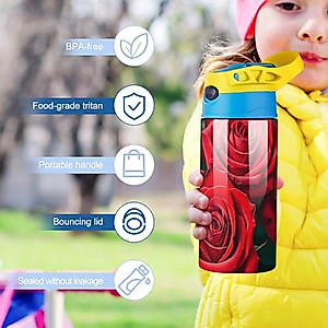 Stainless Steel Water Bottles Many Red Rose Travel Water Cups with Handle And Silicone Straw Drinking Cup with Leak Proof Lid Thermo Travel Mug for Women Men