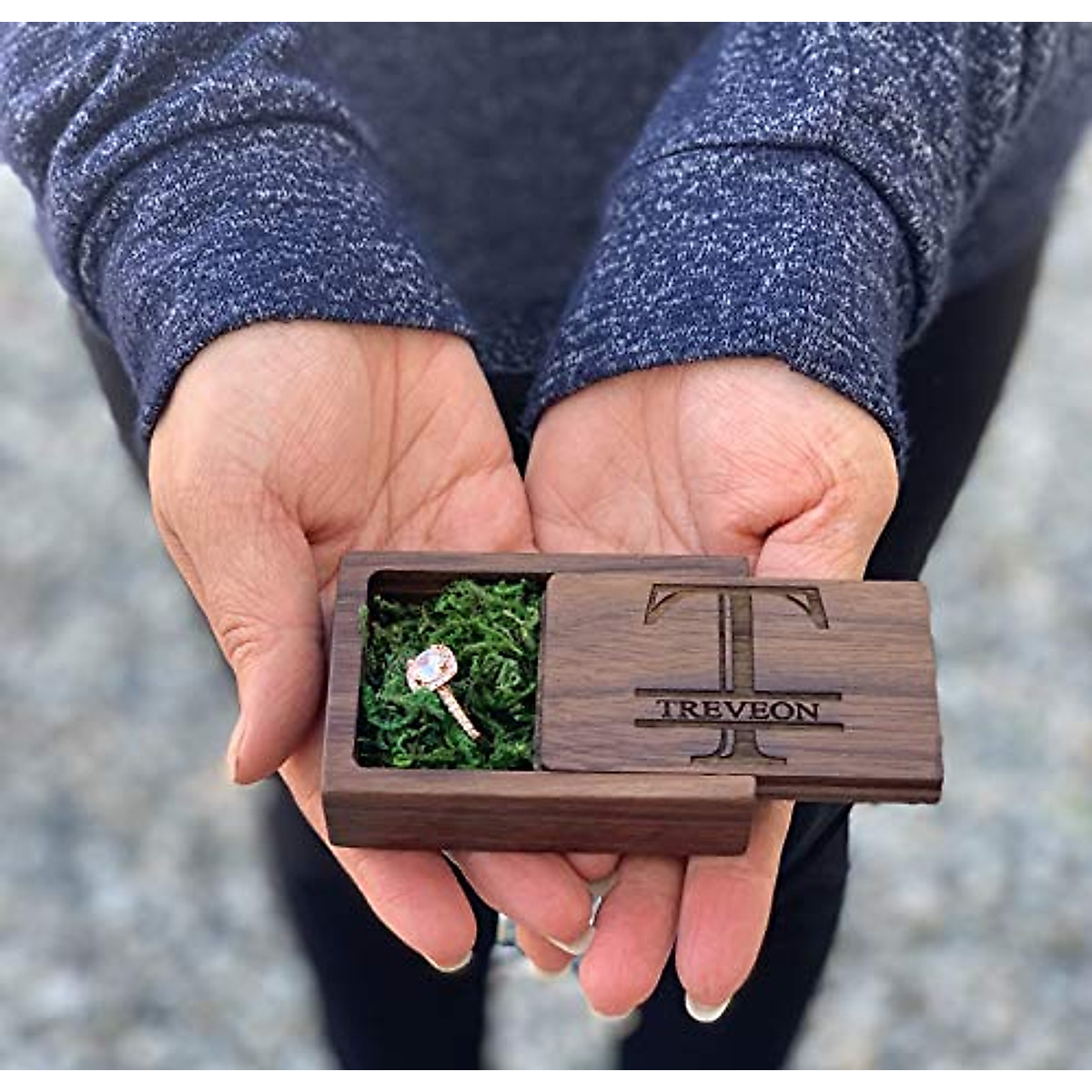 Wood Ring Box Engagement Proposal Wedding Ring Bearer Box Jewelry Storage Ring Holder (Slide Walnut Engrave)