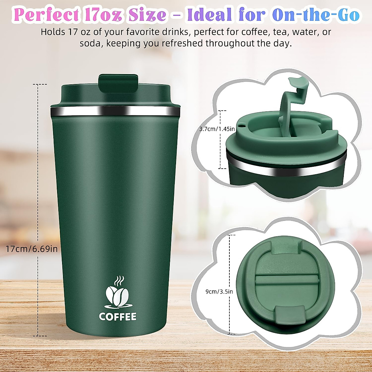 17oz Insulated Travel Coffee Mug with Flip Lid – Leakproof Stainless Steel Insulated Coffee Tumblers, Portable Thermos Cup for Hot & Cold Drinks, Perfect for Camping & On-the-Go