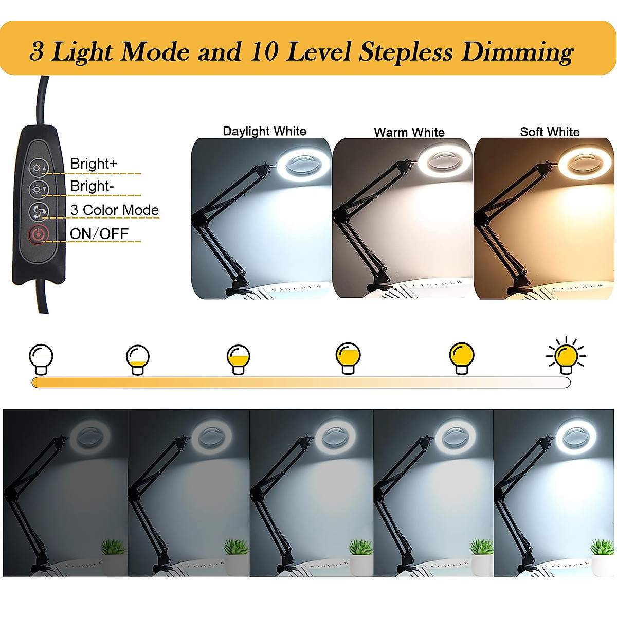 Hanbaak Magnifying Glass with Light and Stand, 10X Magnifying Lamp, 3 Color Modes Stepless Dimmable, 2-in-1 LED Lighted Desk Magnifier with Light for Reading, Crafts, Repair, Close Works