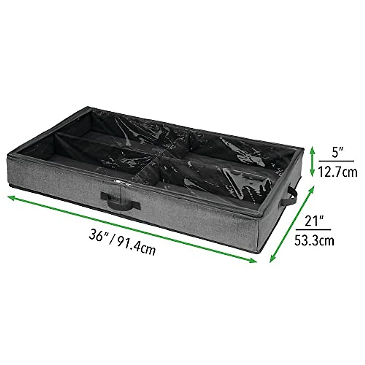 mDesign Soft Fabric Under Bed Storage Organizer Holder Bag for Clothing, Accessories, Boots - Easy-View Top Panel, 2-Way Zippered Lid, Side Handles, 4 Sections - Chevron Zig-Zag Print - Charcoal/Black