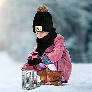 Kids Knit Hat/Scarf/Gloves Set,Winter Warm Set with Beanie and Long Scarf (Black)