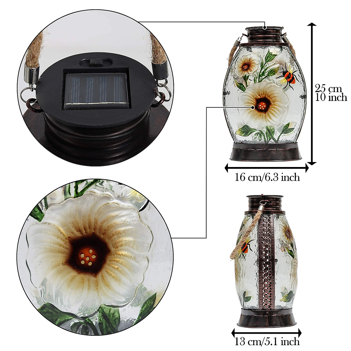 TERESA'S COLLECTIONS Glass Decorative Hanging Outdoor Solar Lanterns Bundle(2PCS) | Bee Gathering Honey Lantern and Blue Heron Lantern for Home Garden Patio Lawn Yard Decor