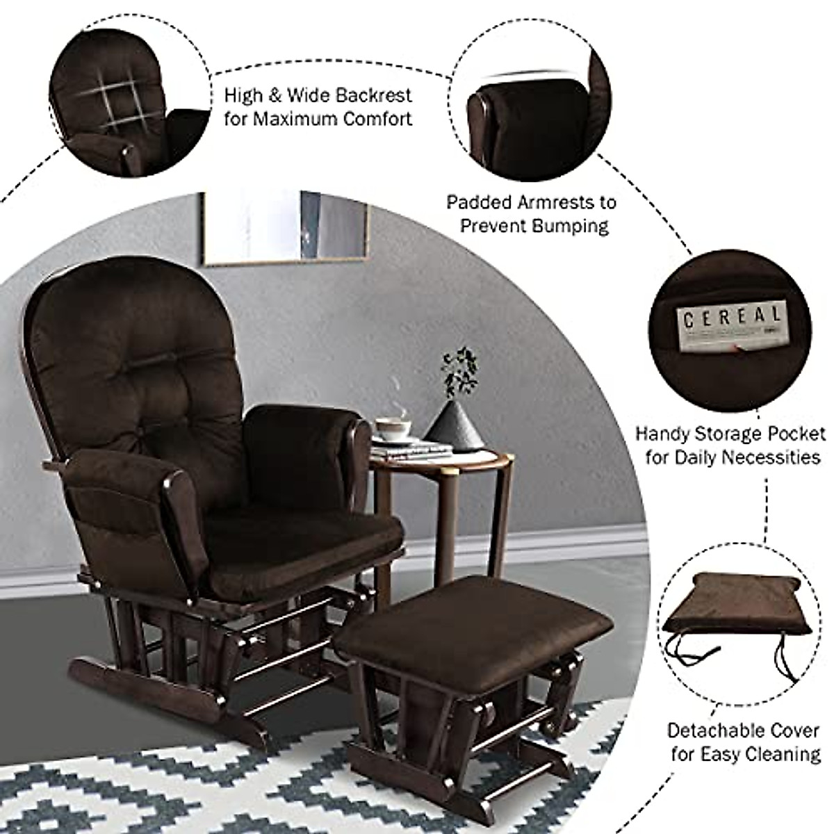 Costzon Glider and Ottoman Set, Wood Glider Rocker for Nursery, Upholstered Comfort Nursing Rocking Chair with Storage Pocket, Padded Armrests & Detachable Cushion, Easy to Assemble (Brown)