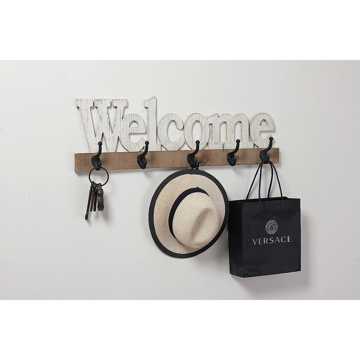 Sintosin Farmhouse White Coat Rack Wall Mount 32 inch 5 Metal Hooks, Hanging Rustic Distressed Welcome Sign for Front Door, Decorative Wooden Coat Rack for Home Decor Entryway Bedroom