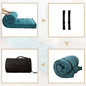 MAXYOYO Daybed Futon Mattress Window Seat Cushion, Cot Size Single Futon Mattress, Portable Roll Up Camping Mattress Long Cushion Sleeping Pad for Couch Travel Car, Turquoise, 75" x 30"