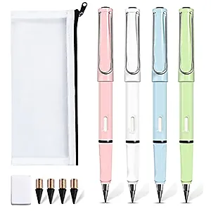 Lyomied 4Pcs Inkless Pencils Eternal, Everlasting Pencil with Eraser, and 4 Replacement Nibs,Unlimited Writing, Reusable Infinity Pencil, NO-Sharpening Pencils for Kids Student Writing Sketch